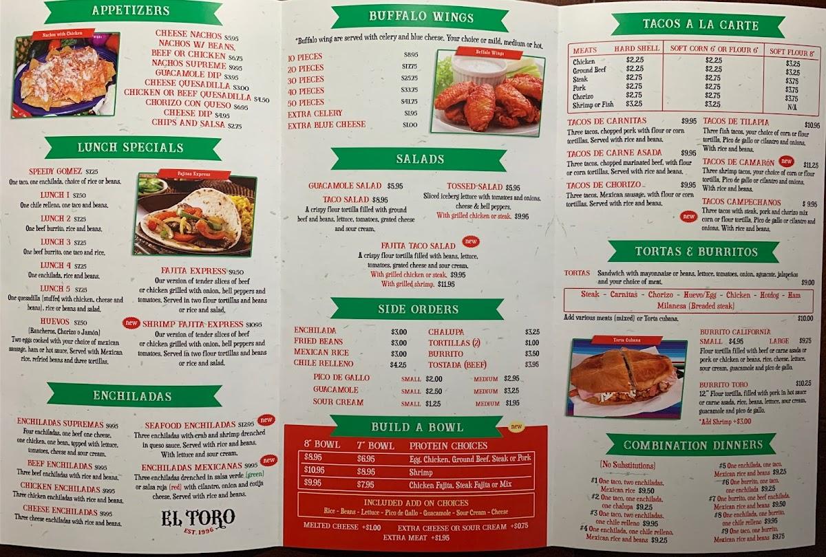 Menu at El Toro Take Out restaurant, Wilmington, 624 N Union St