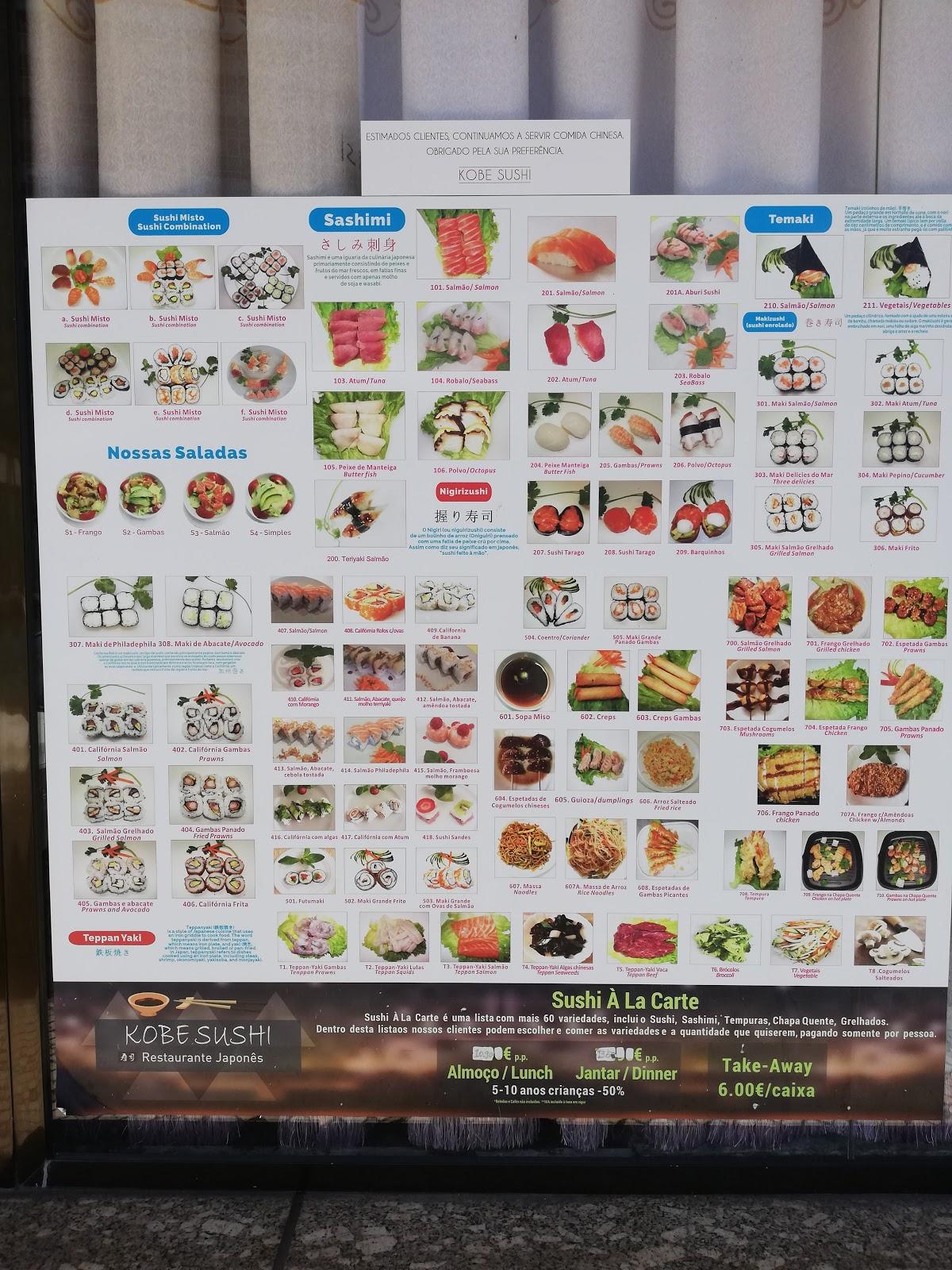Menu at Kobe Sushi restaurant, Viseu