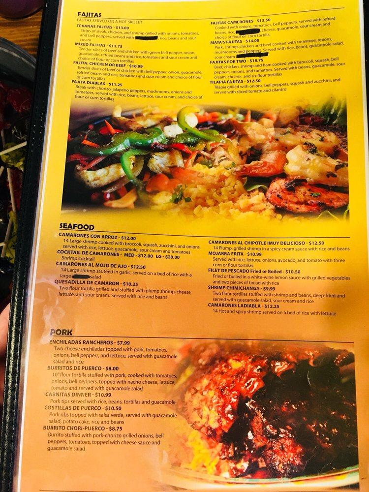 Menu at Maya's restaurant, Brevard