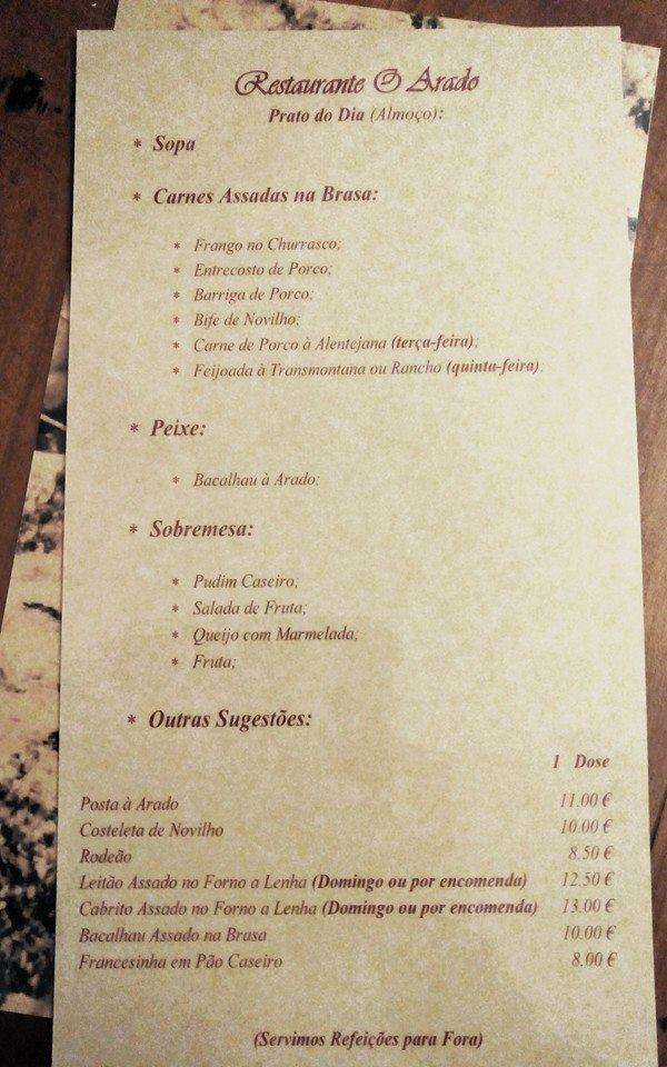Menu em O Arado restaurante, Mirandela
