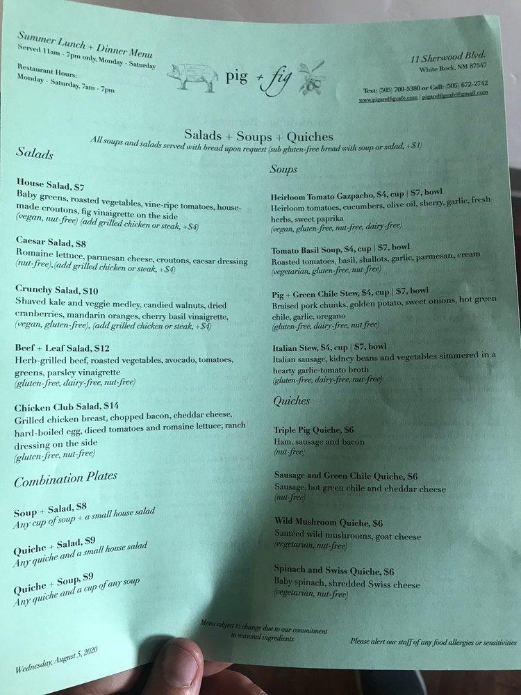 Menu at Pig and Fig Cafe, White Rock