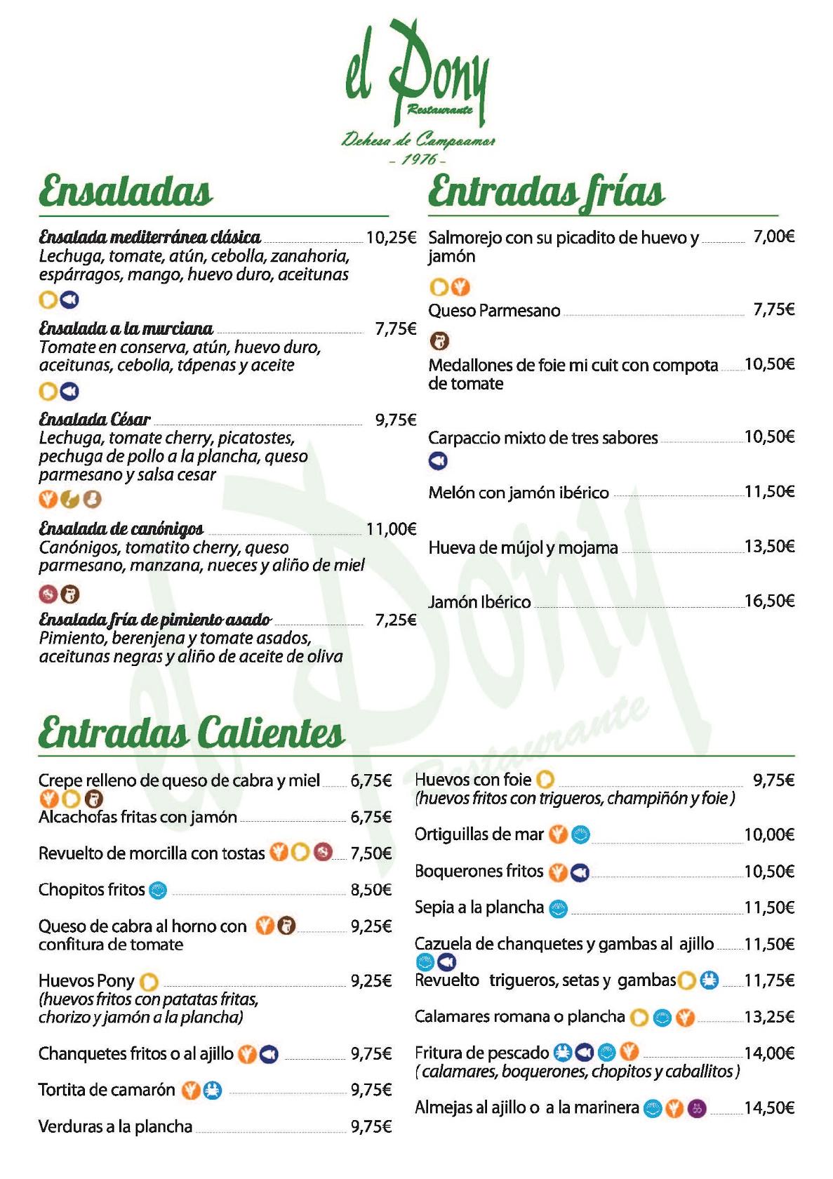 Carta de Restaurante El Pony, Dehesa de Campoamor