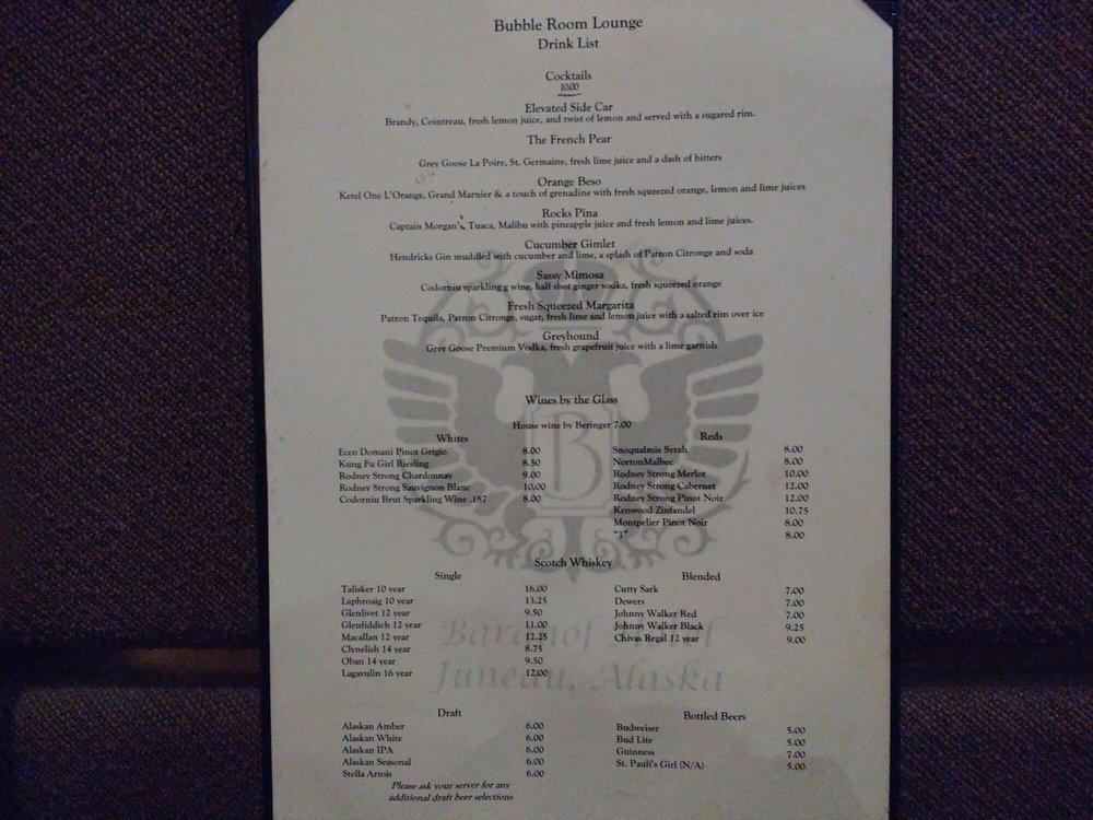 Menu at The Bubble Room restaurant, Juneau