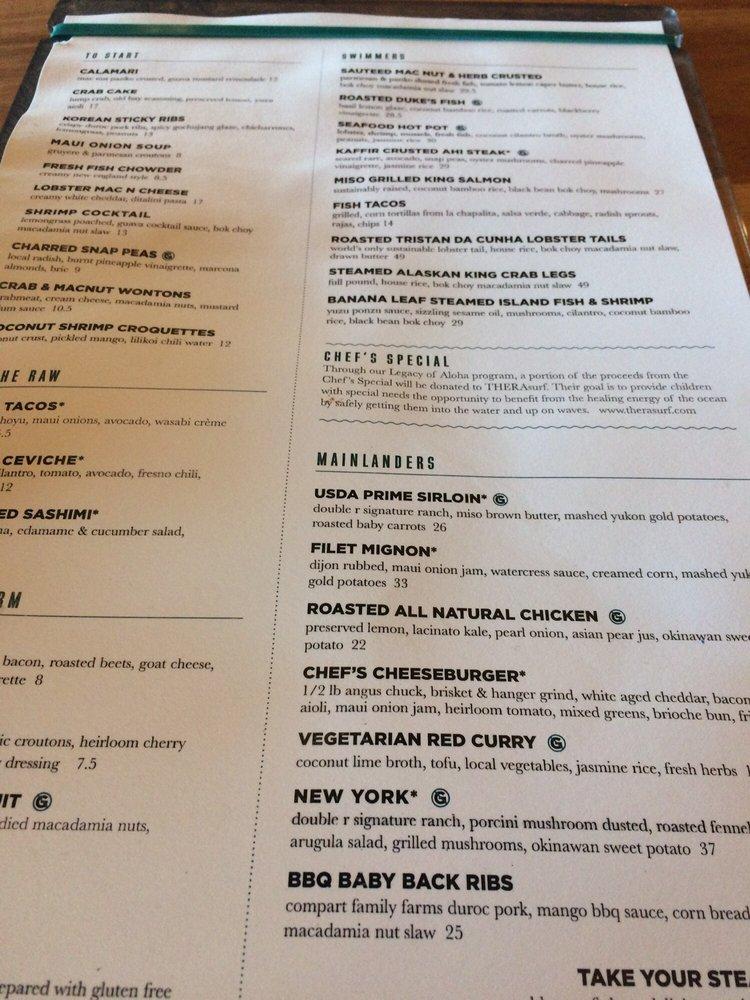 Menu at Duke's Malibu restaurant, Malibu