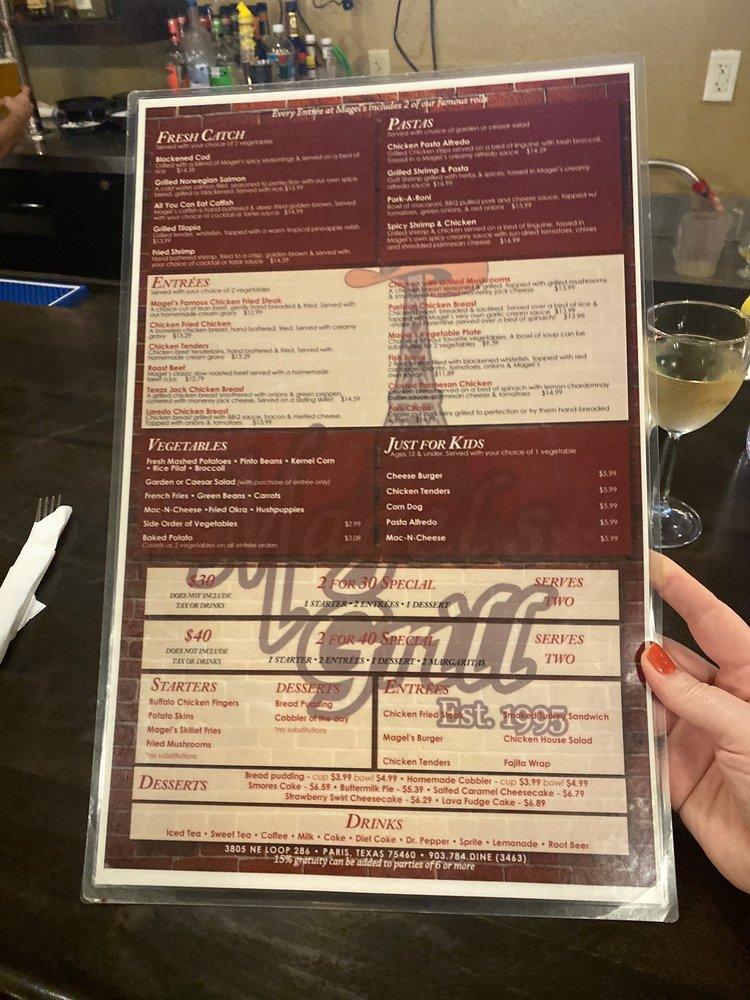 Menu at Magel's Grill steakhouse, Paris