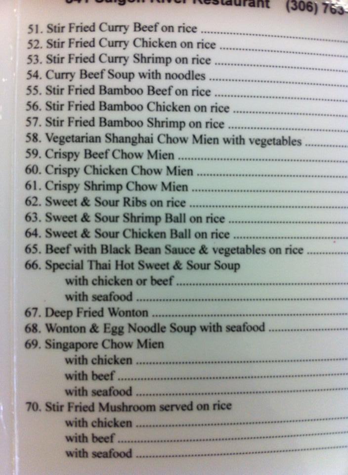 Menu at Saigon River Restaurant - Vietname and Chinese Food, Prince Albert