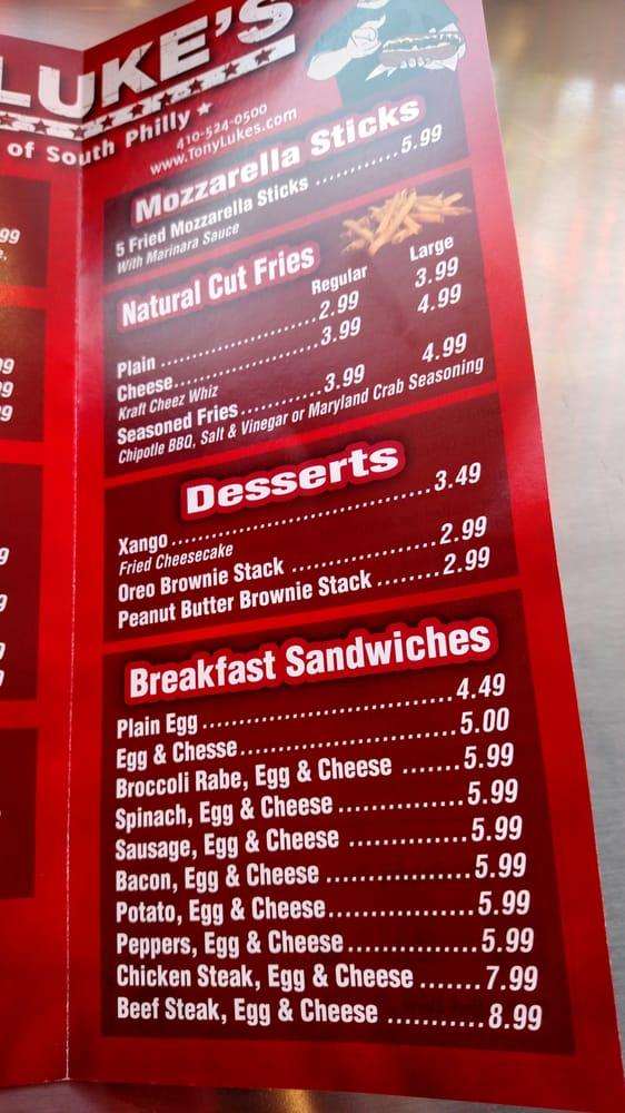 Menu at Tony Luke's restaurant, Ocean City, 3324 Coastal Hwy