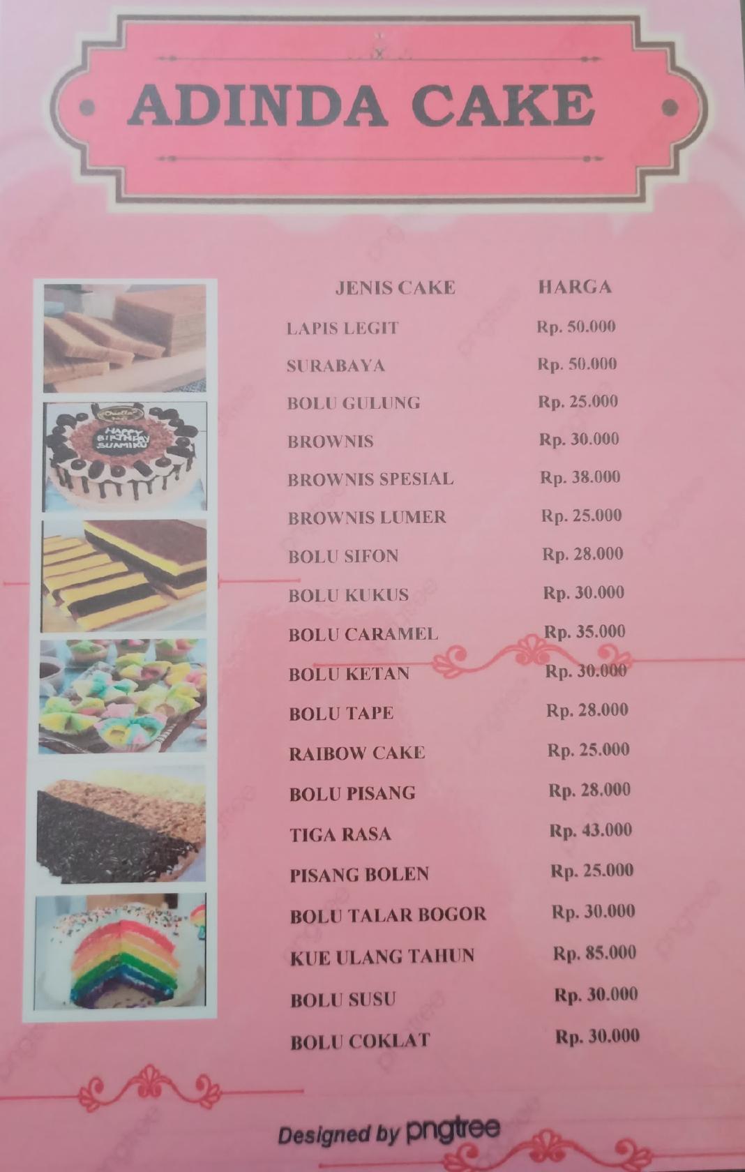 Menu at Adinda Cake, Wiyono