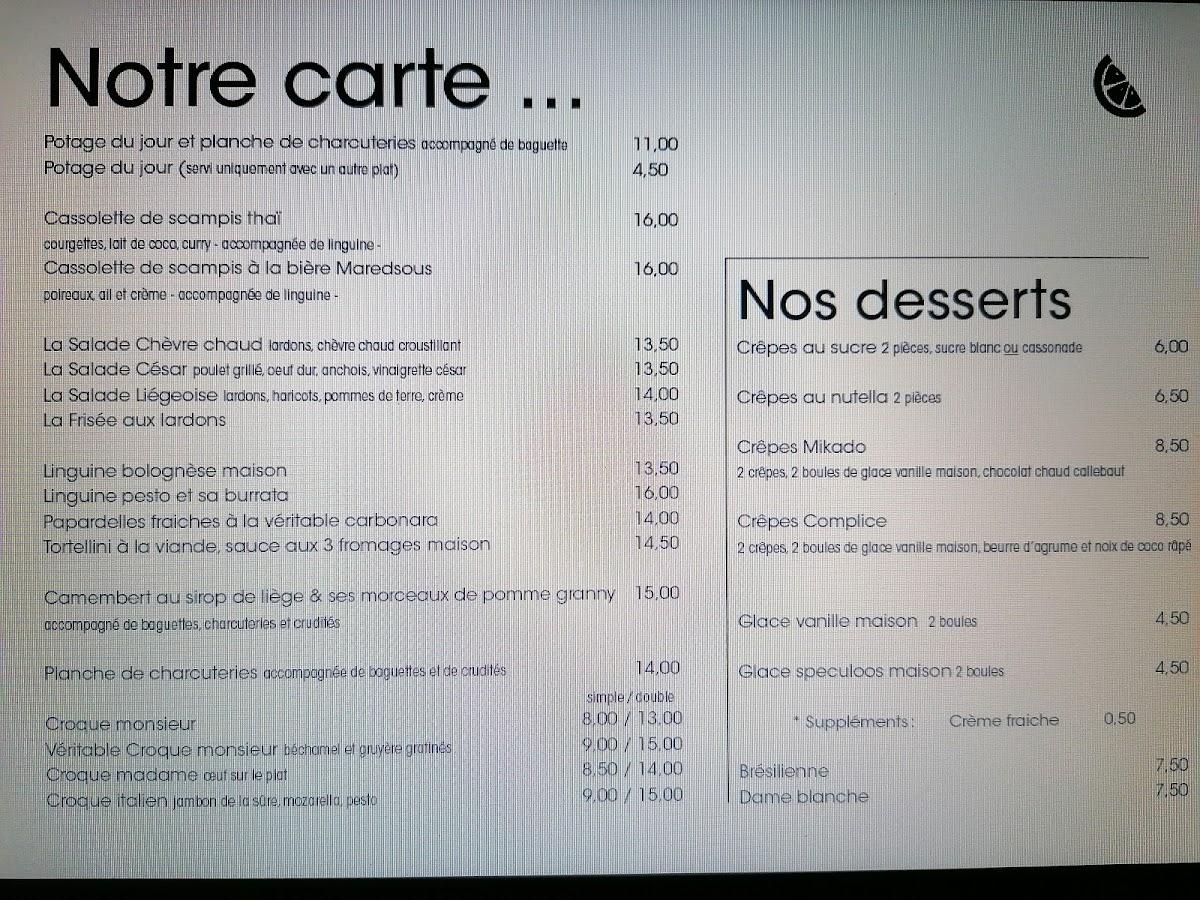 Menu at Complice, Ciney