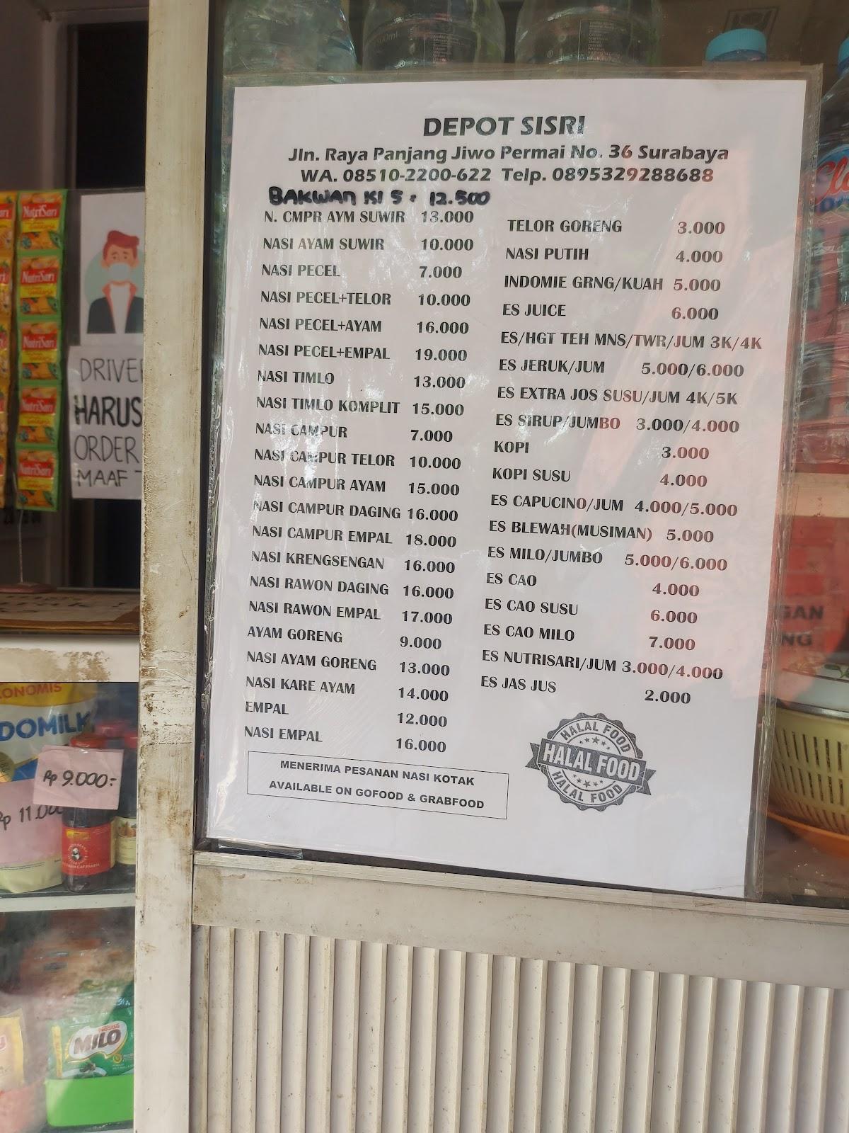 Menu at Depot Sisri restaurant, Surabaya