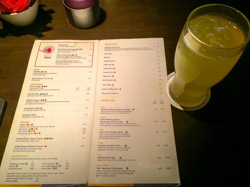 Menu at Sanctuary Bar, Dublin, The Blanchardstown Centre