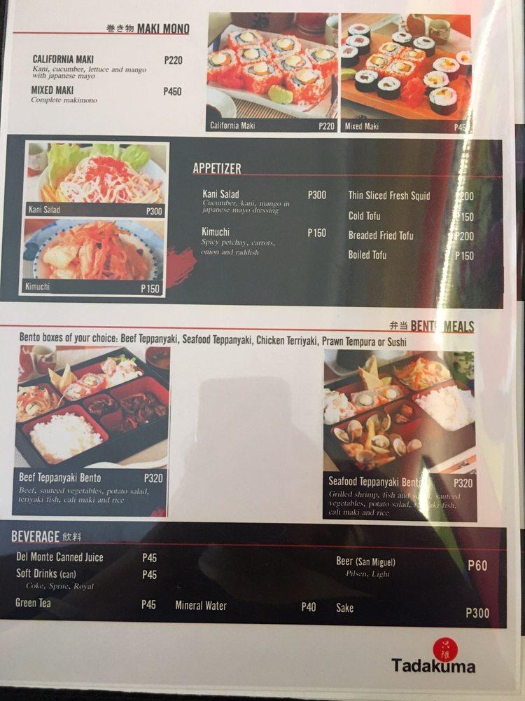 Menu at Tadakuma restaurant, Davao City, 3H5Q+G8J