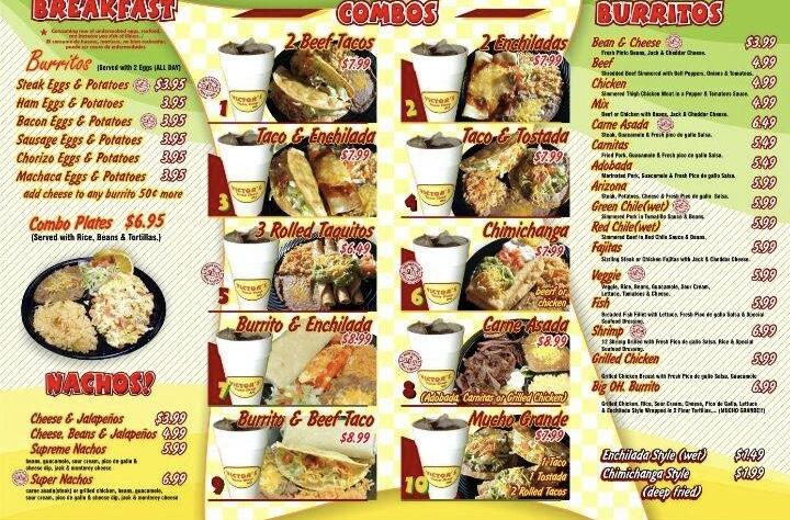 Menu at Victor's Taco Shop restaurant, Dayton, Chambersburg Rd