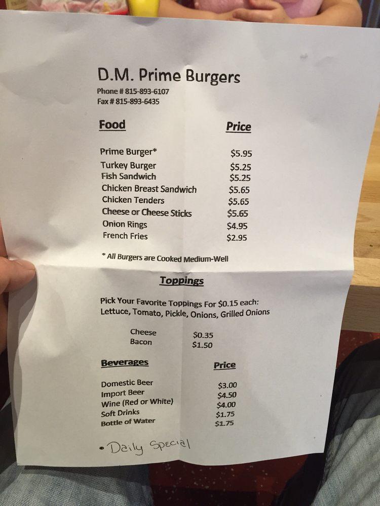 Menu at D.M. Prime Burgers restaurant, Lake in the Hills