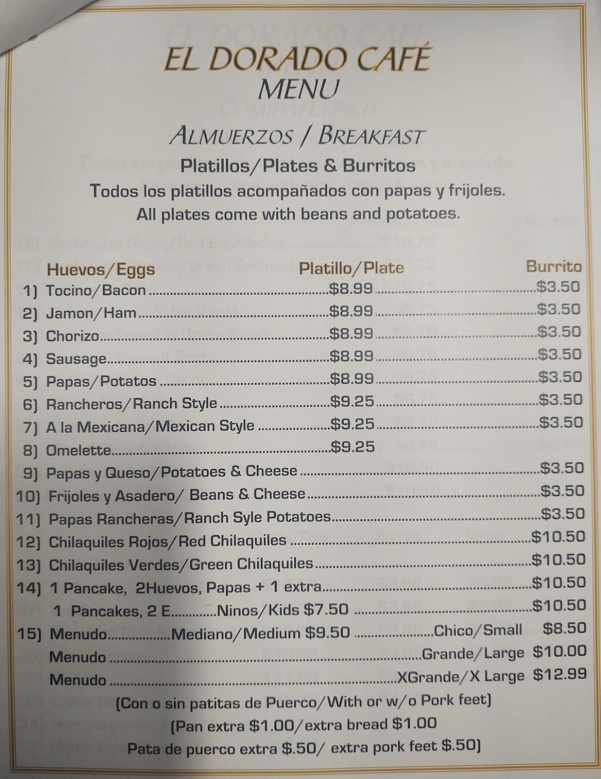 Menu at El Dorado Cafe, Odessa