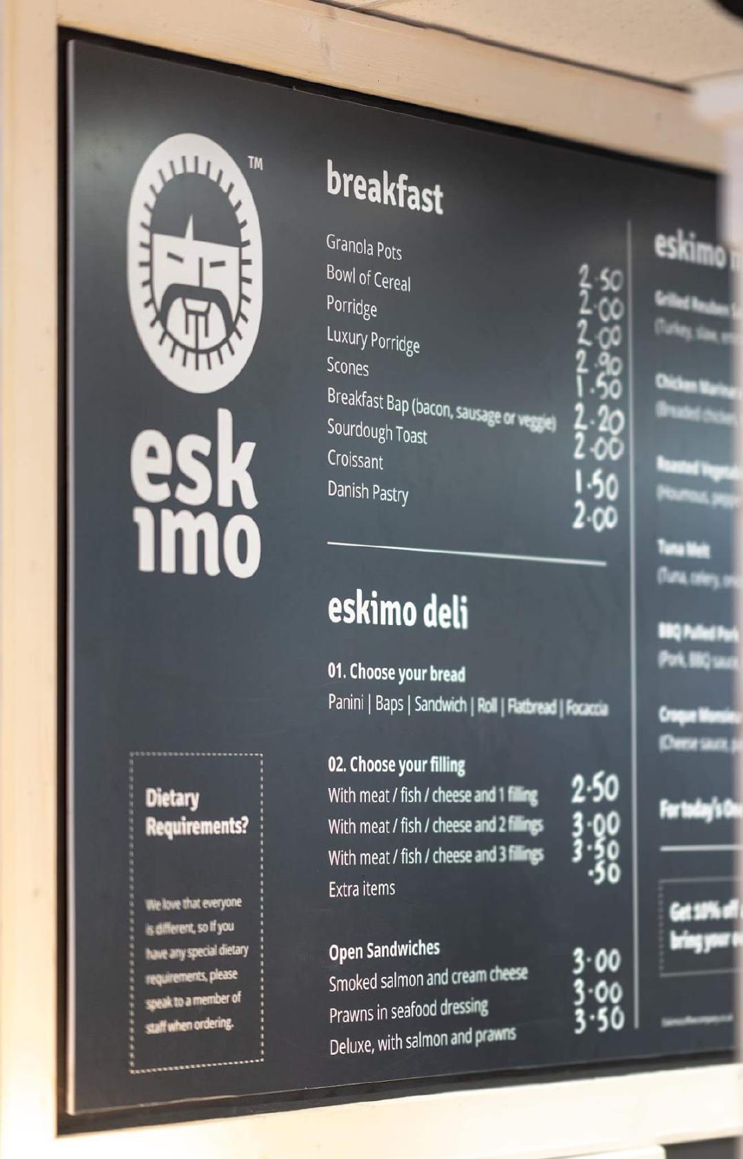 Menu at Eskimo cafe, Londonderry