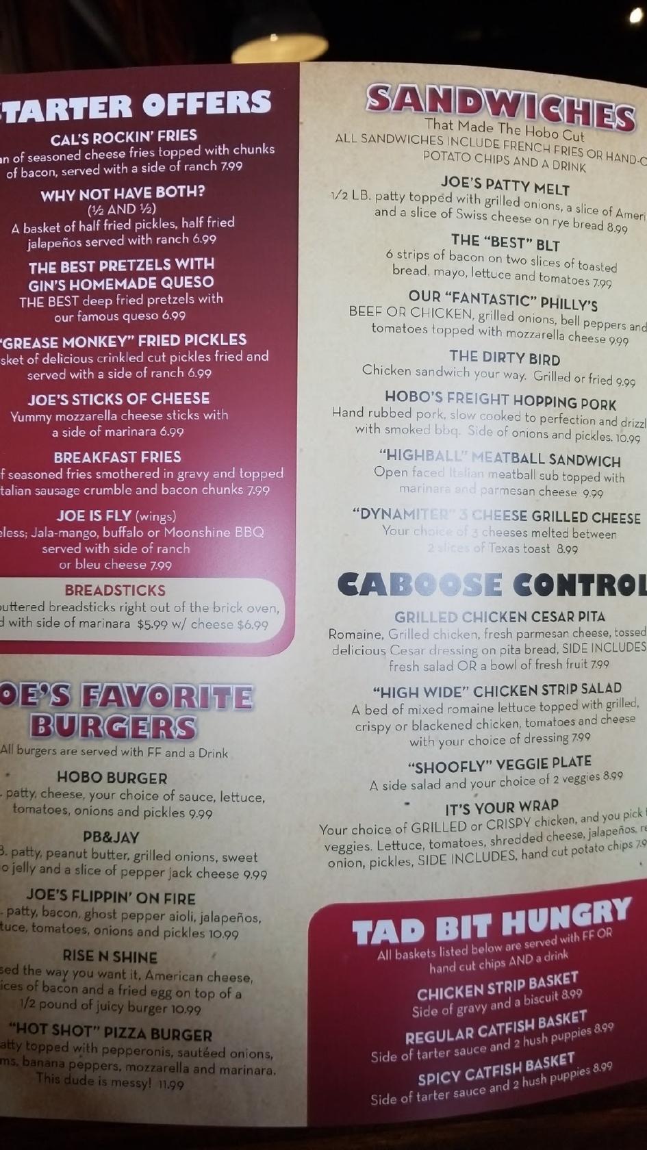 Menu at Hobo Joe's pizzeria, Madill