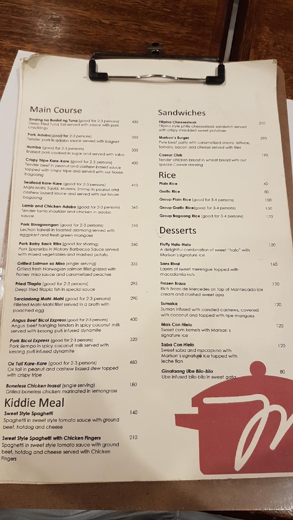 Menu at Marison's restaurant, Antipolo, Robinsons Place Antipolo