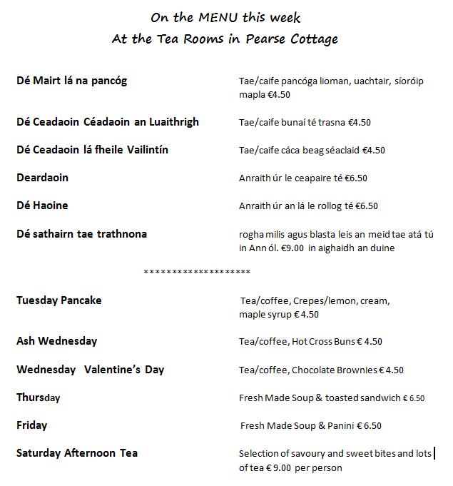 Menu at Tea Room at Pearse Cottage restaurant, Ireland