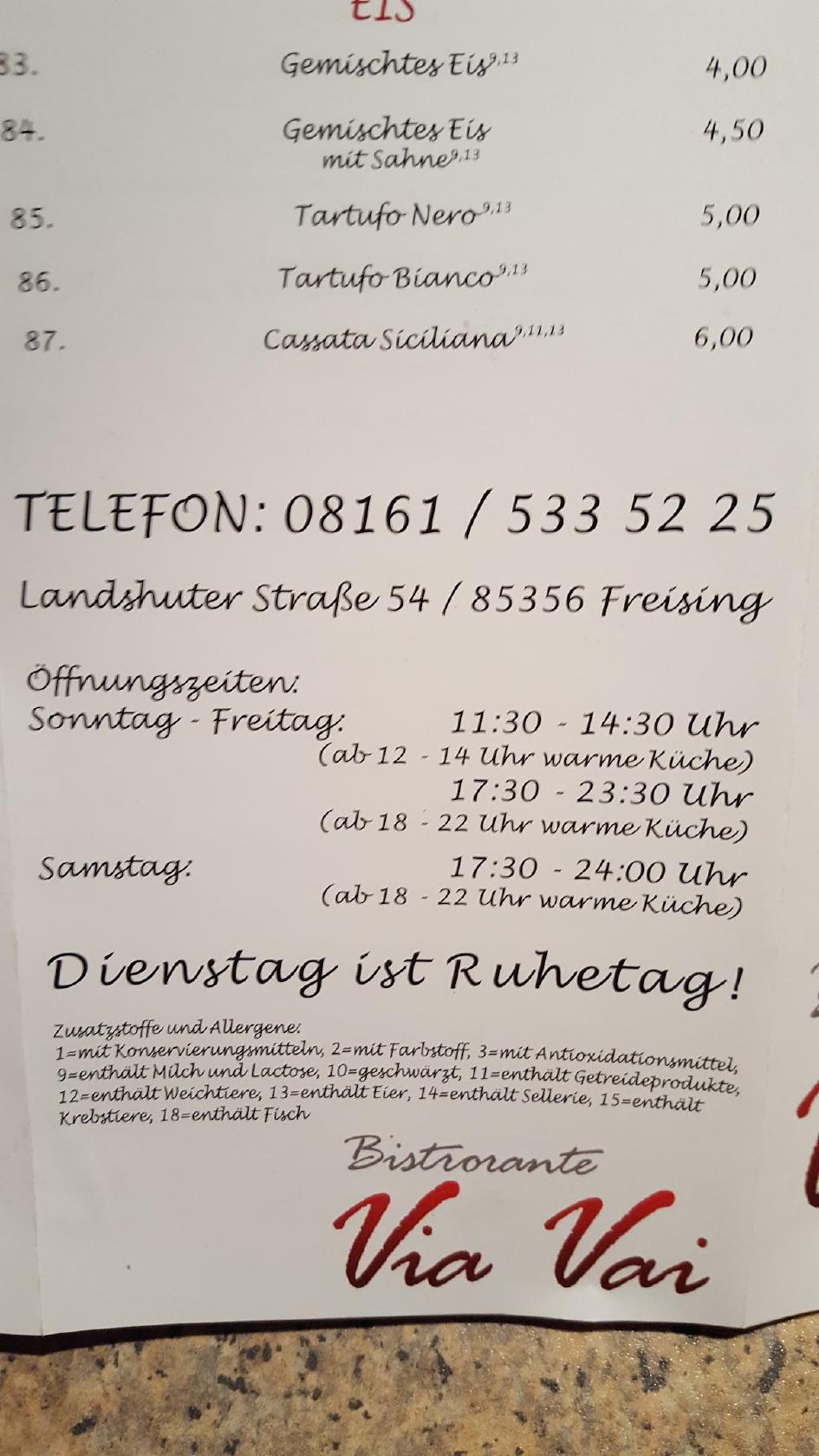 Speisekarte von Bistrorante Via Vai pizza, Freising