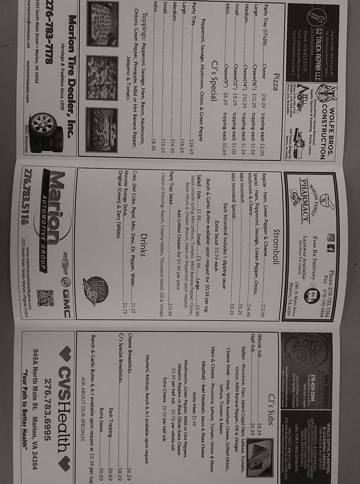 Menu at CJ's Pizza pizzeria, Marion