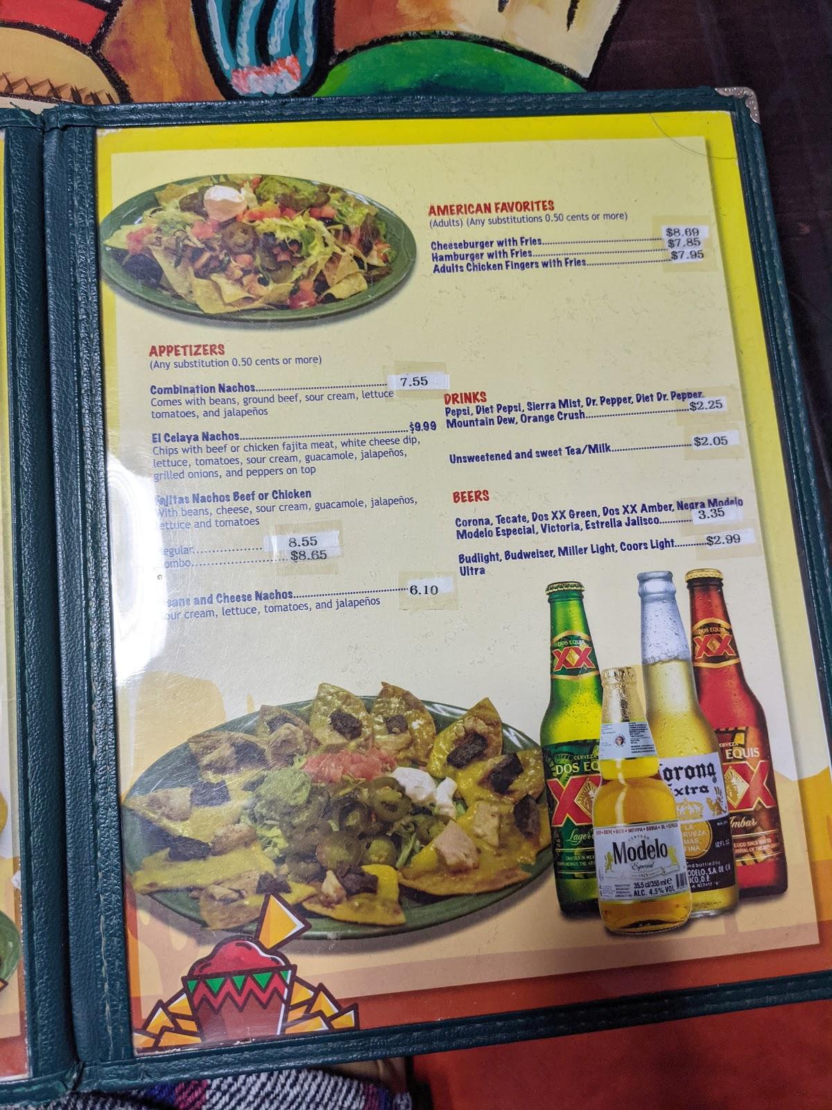 Menu at El Celaya restaurant, Roland, 100 W Ray Fine Blvd