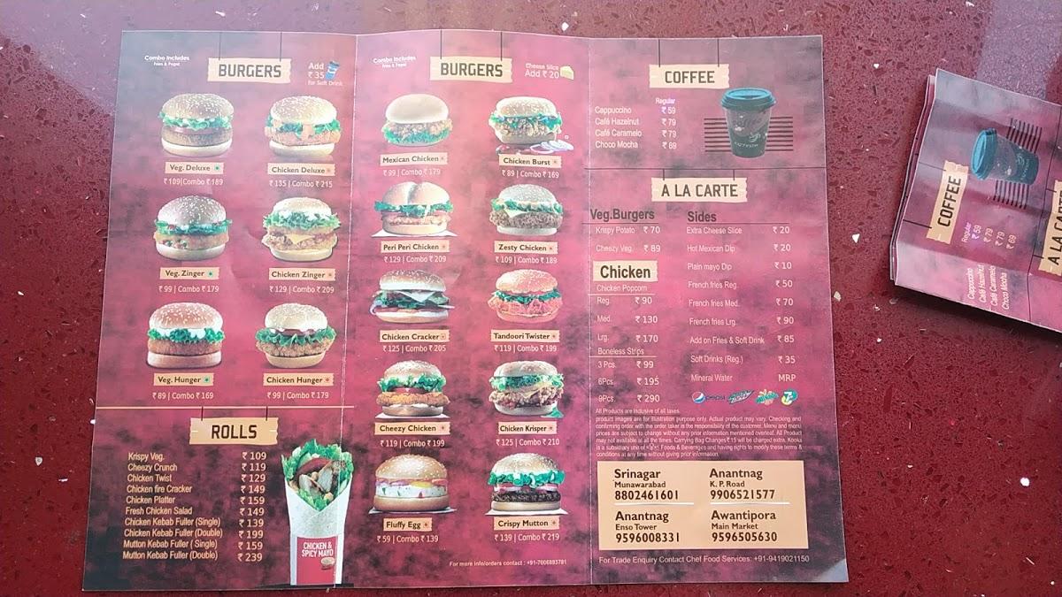 Menu at Kooks, India, opposite Forest Division