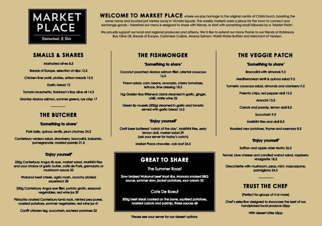 Menu at Market Place Restaurant, Christchurch