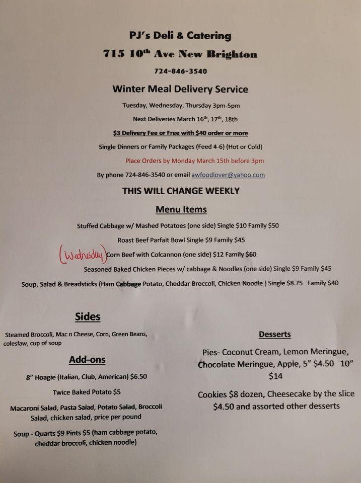 Menu at PJ's Deli restaurant, New Brighton