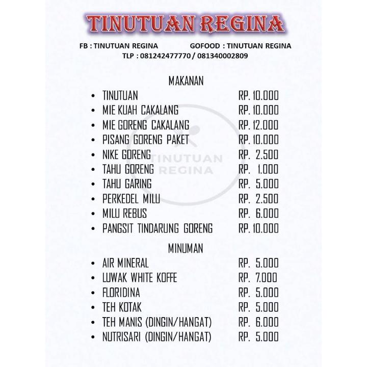 Menu at TINUTUAN REGINA restaurant, Manado