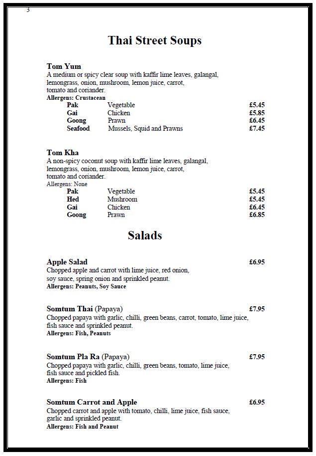 Menu at Thai Street Food restaurant, Worthing