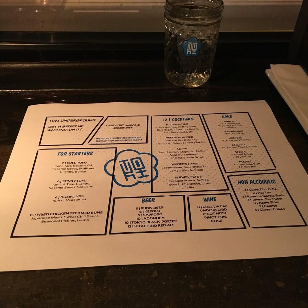 Menu at Toki Underground restaurant, Washington