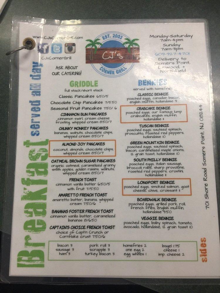 Menu at C J's Corner restaurant, Somers Point