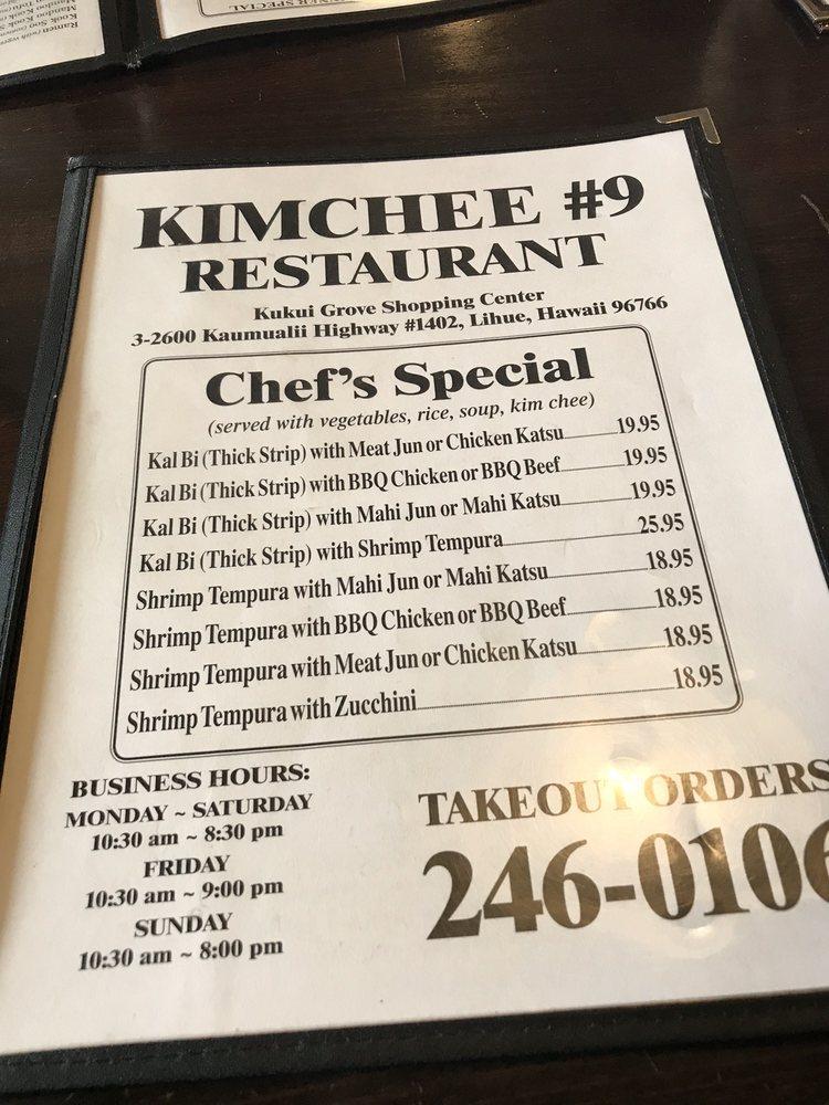 Menu at Kim Chee #9 restaurant, Lihue