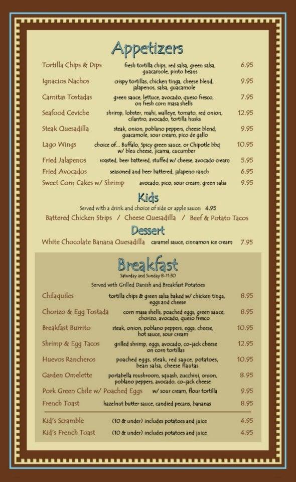 Menu at Lago Tacos restaurant, Excelsior