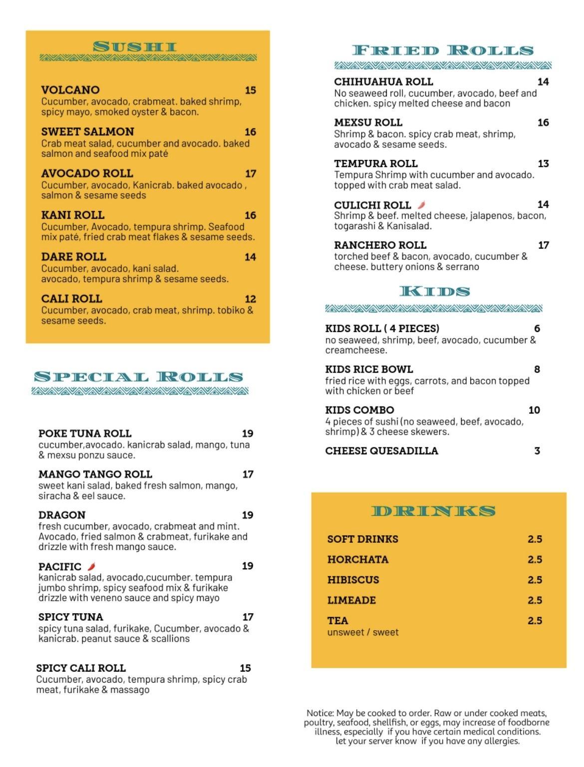 Menu at Mexsu restaurant, Yuma