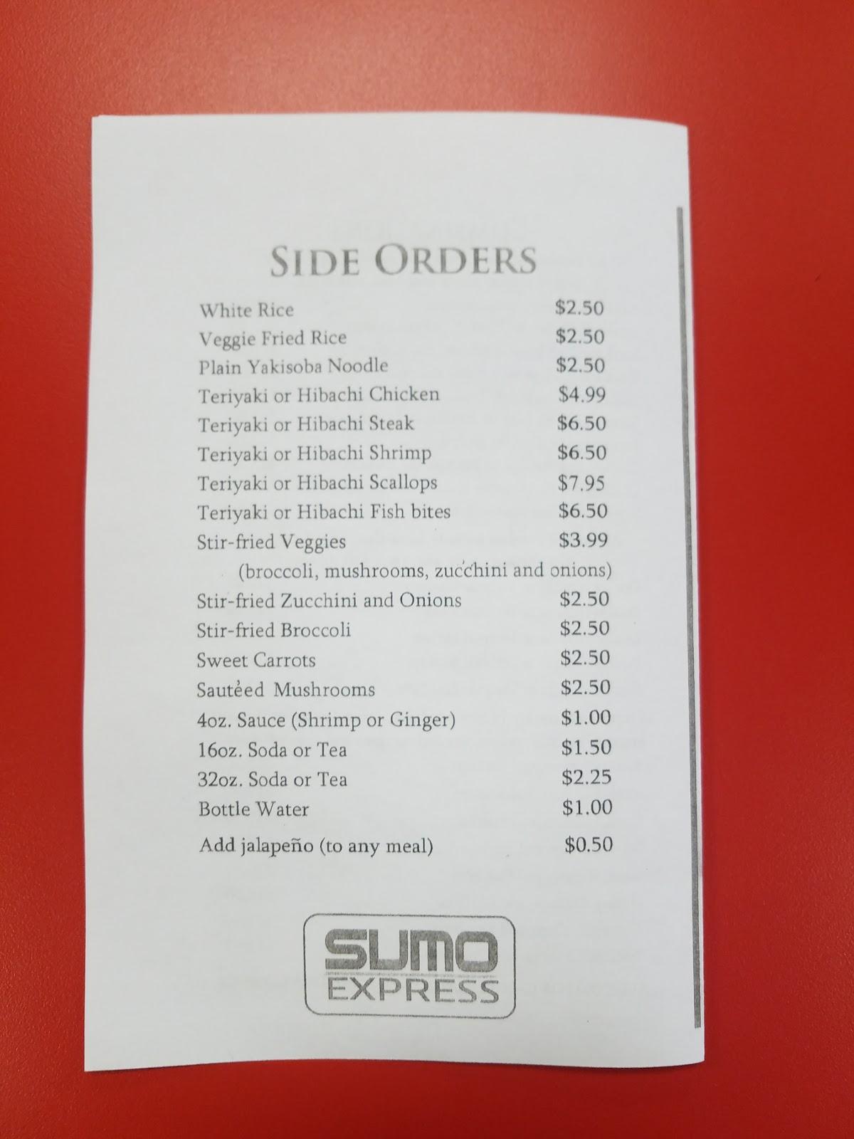 Menu at Sumo Express Asian Grill restaurant, Jacksonville