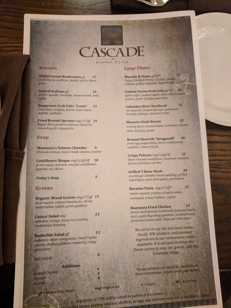 Menu at Cascade Dining Room restaurant, Stevenson
