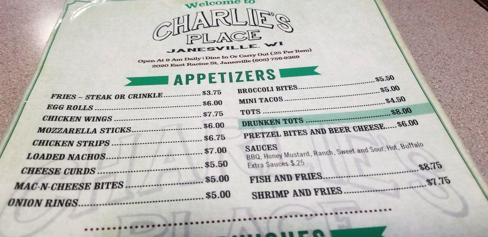 Menu at Charlie's Place pub & bar, Janesville