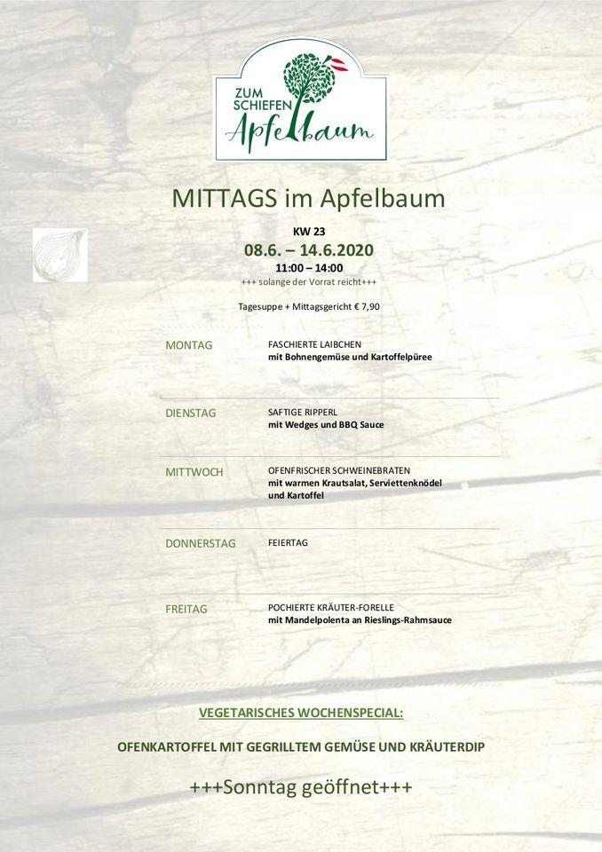 Menu at Zum Schiefen Apfelbaum restaurant, Linz