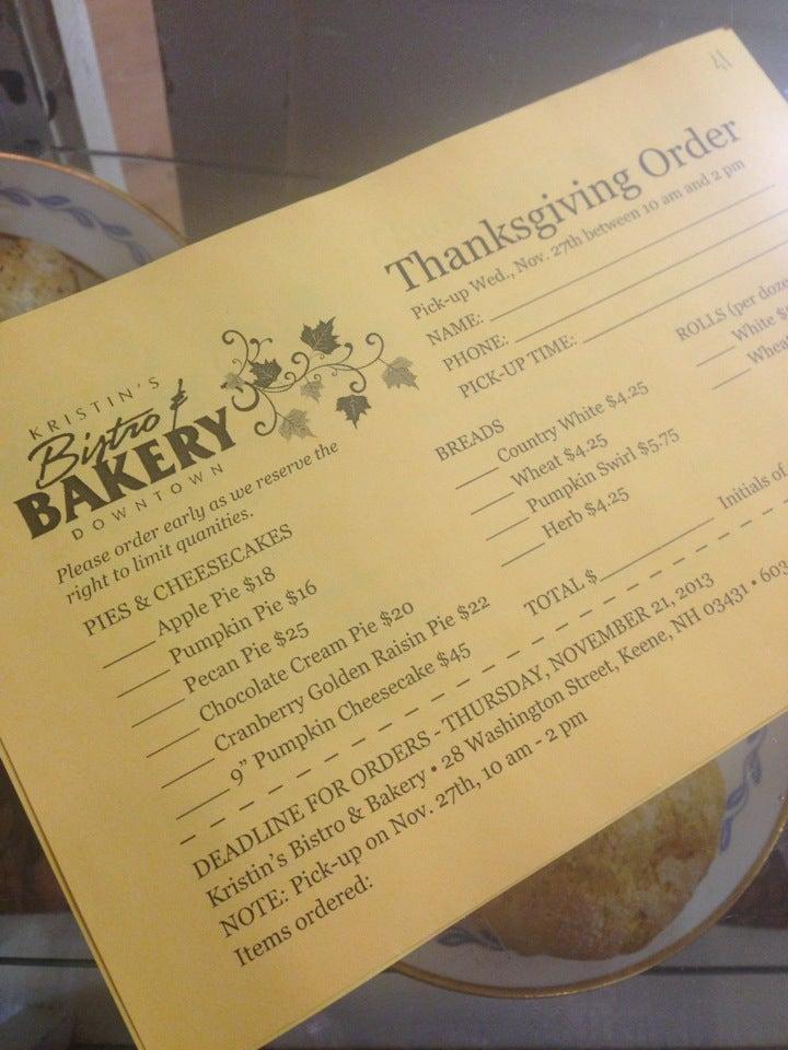 Menu at Kristin's Bistro & Bakery, Keene, 28 Washington St