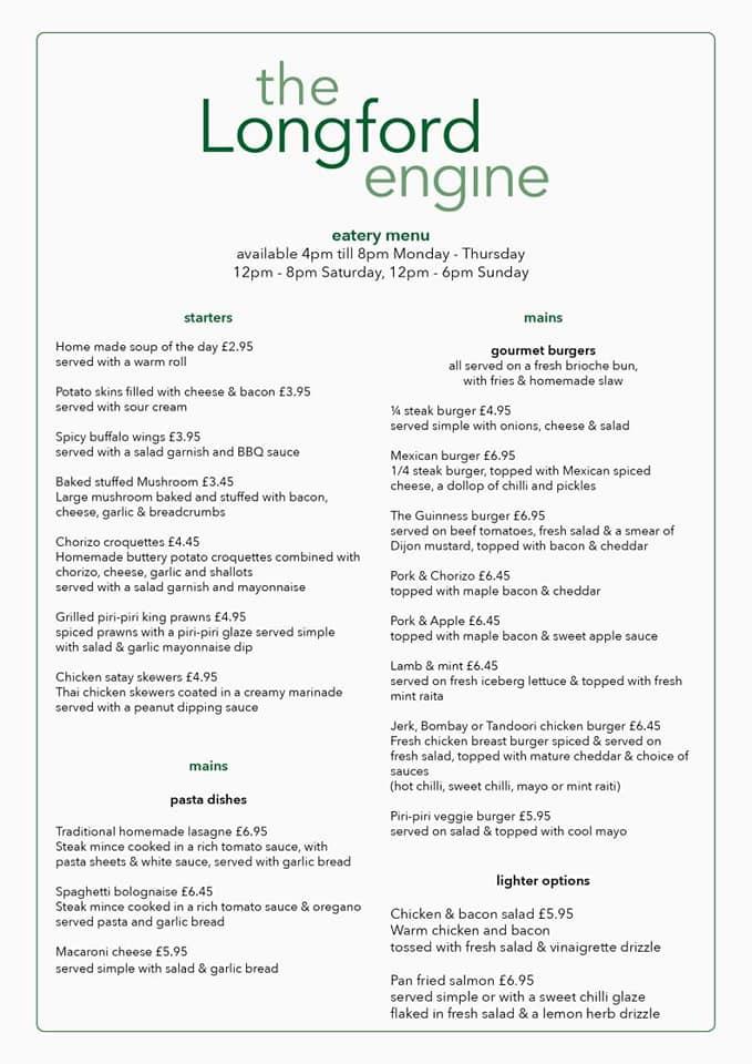 Menu at The Longford Engine pub & bar, Coventry
