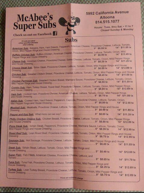 Menu at Mc Abee's Super Sub restaurant, Altoona, 100 58th St