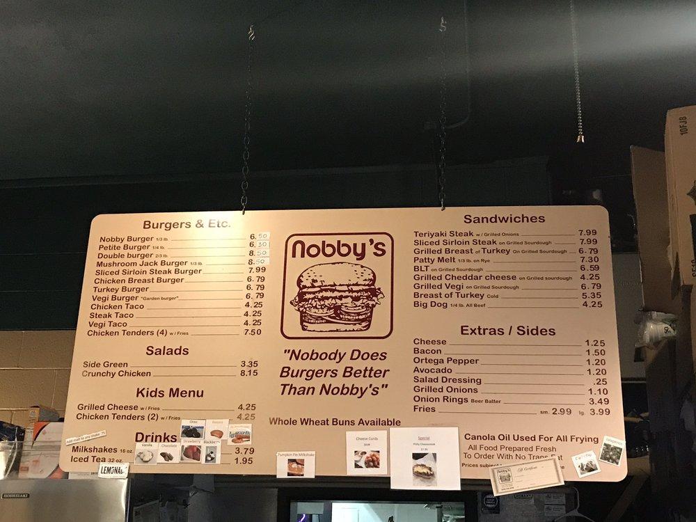 Menu at Nobby's restaurant, Chico
