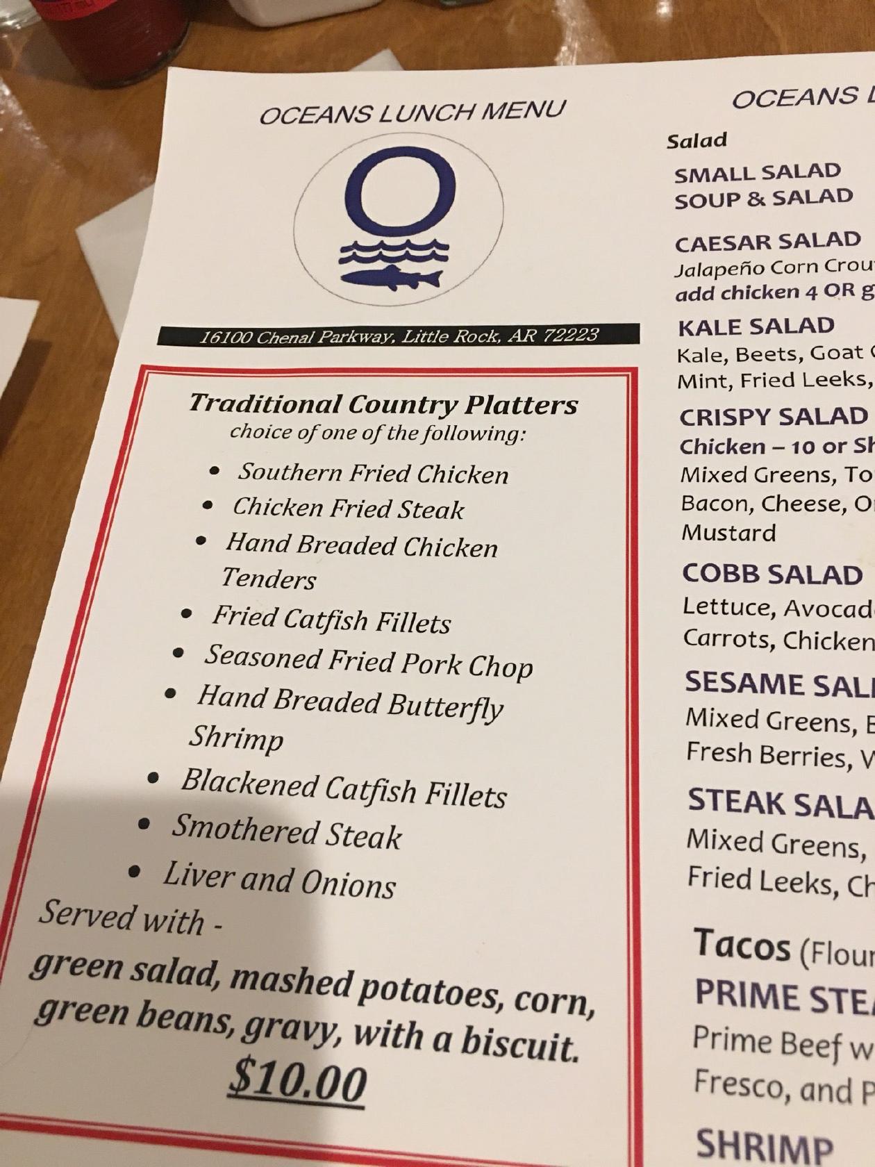 Menu at Ocean's At Arthurs restaurant, Little Rock