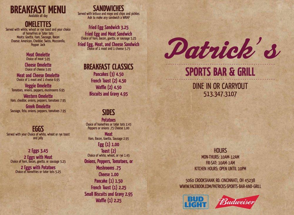 Menu at Patrick's Sports Bar & Grill, Cincinnati