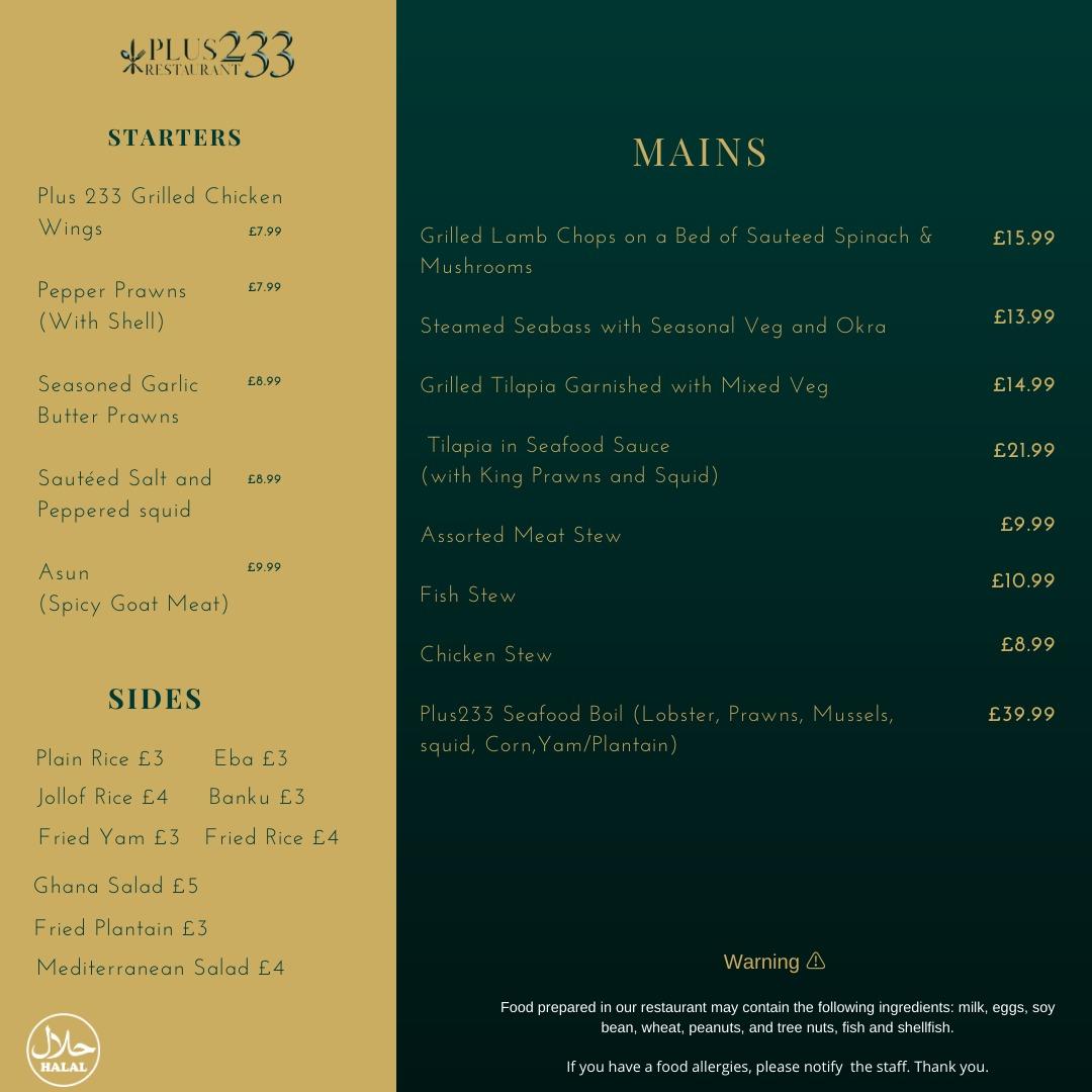 Menu at Plus 233 Afro-Fusion Restaurant, Bar & Grill, London