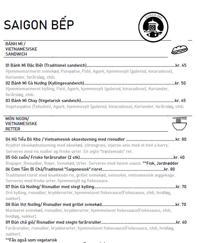 Menu at Saigon Bếp restaurant, Odense