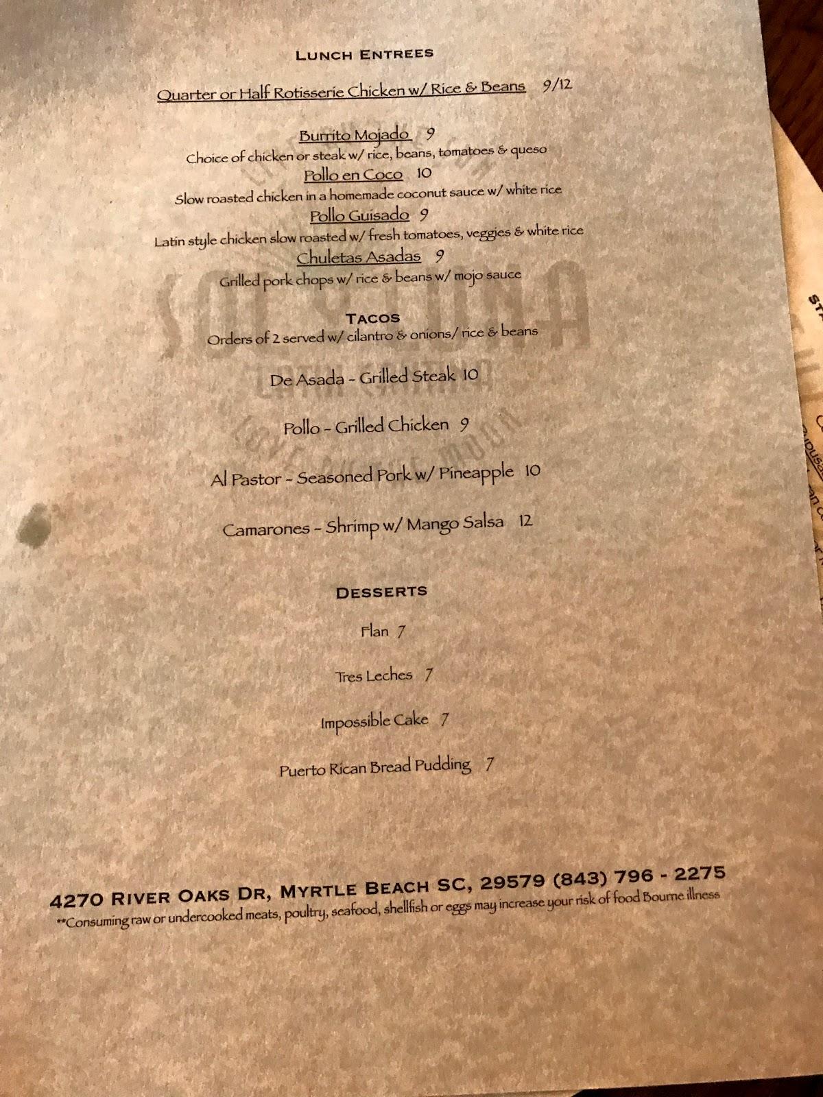 Menu at Sol y Luna pub & bar, Myrtle Beach