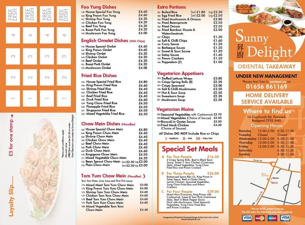 Menu at Sunny Delight Oriental Takeaway restaurant, Bridgend